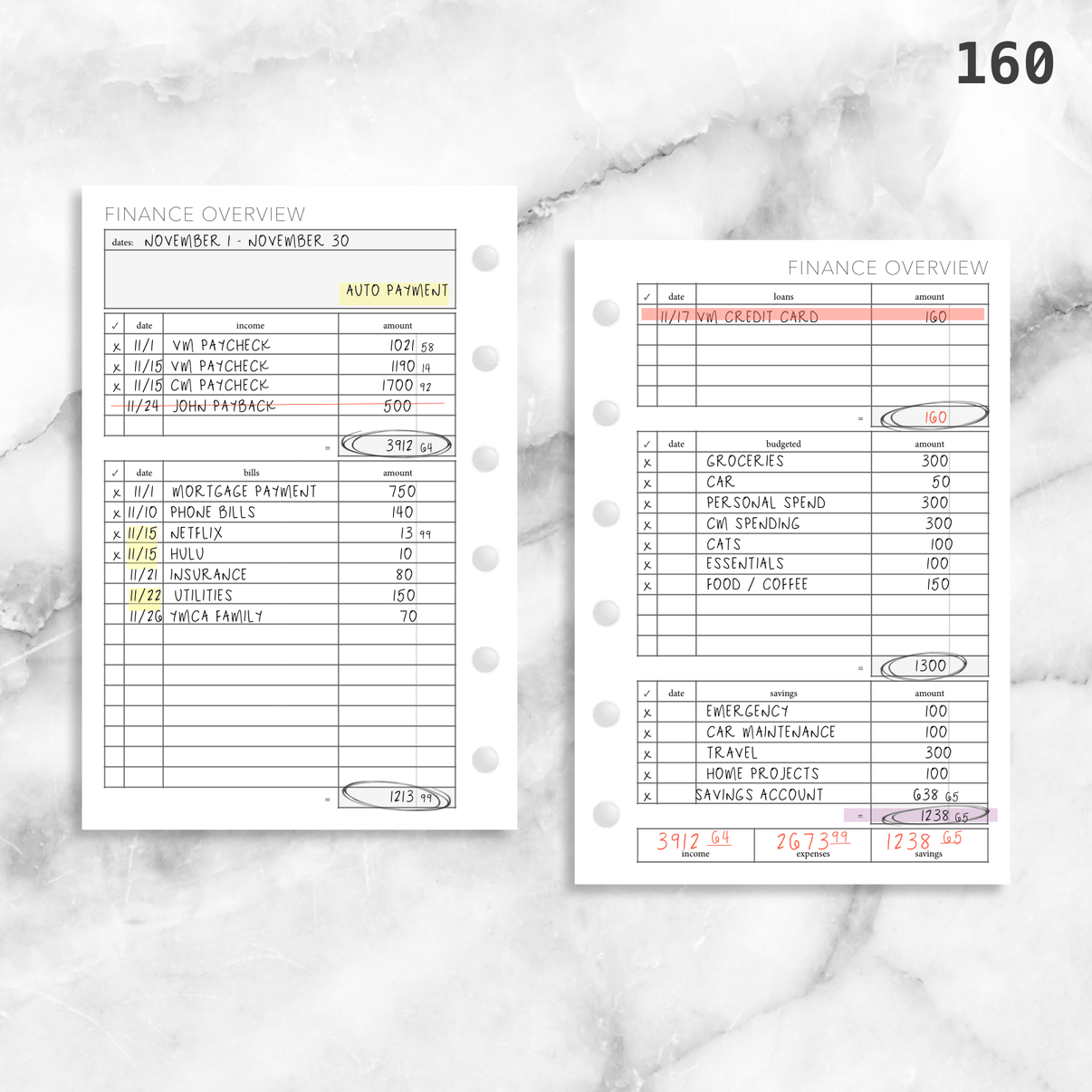Planner Insert 160: Finance Overview w/ Income Budget Loan Expenses ...
